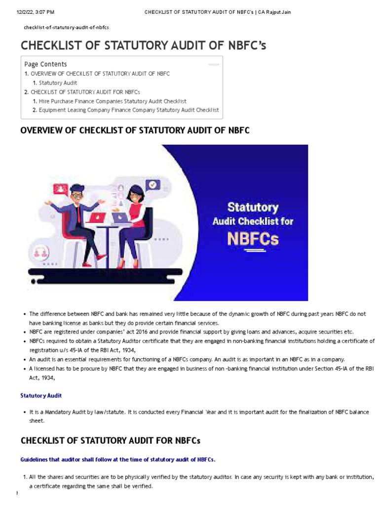 CHECKLIST OF STATUTORY AUDIT OF NBFC's - CA Rajput Jain | PDF | Non ...