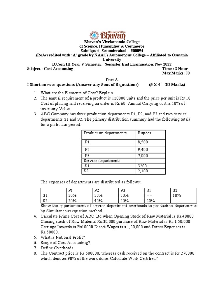 Cost Model Paper 2022-2023 | PDF