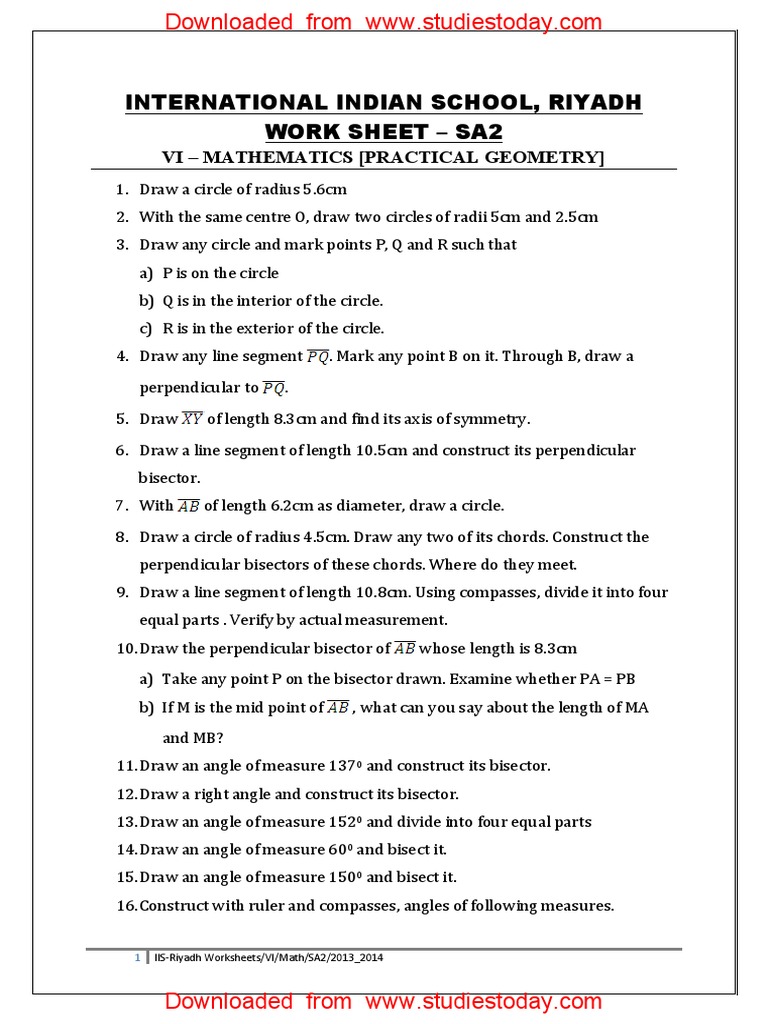 CBSE Class 6 Practical Geometry Worksheet | PDF | Circle | Elementary ...
