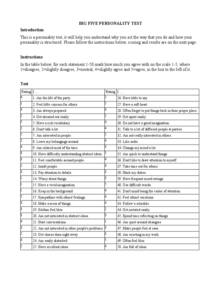 Big Five Personality Test Guide | PDF | Behavioural Sciences | Cognition