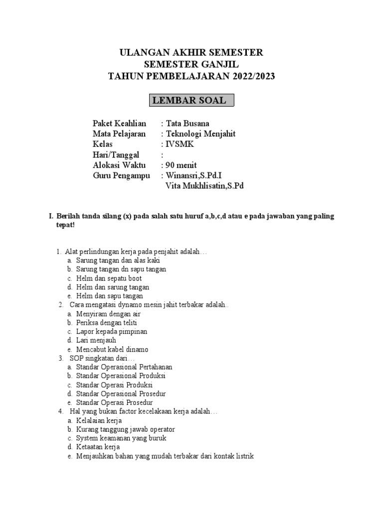 Soal Teknologi Menjahit IV Semester 1 | PDF | Teknologi & Rekayasa