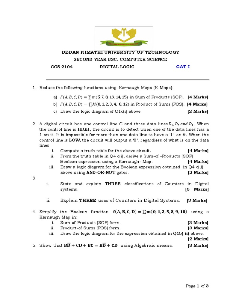 CCS 2104 - CAT 1, 2 & Assignment | PDF | Logic | Computer Engineering