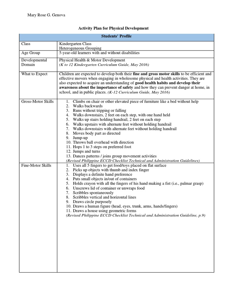 Activity Plan For Physical Development | PDF | Teachers | Cognition