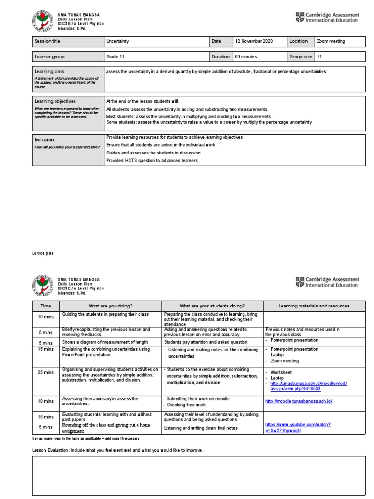 Physics Y11 Uncertainty | PDF | Lesson Plan | Uncertainty
