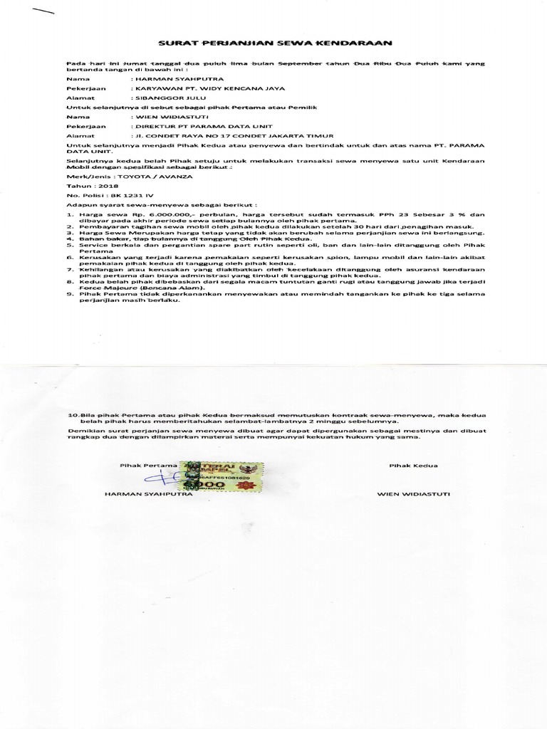 Surat Perjanjian Sewa Kendaraan Pdf