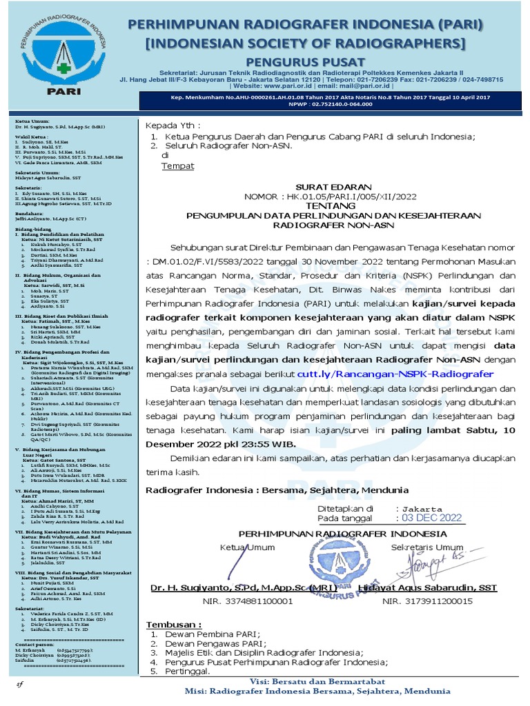 HK.005.XII.2022 - Edaran Pengisian Data Perlindungan & Kesejahteraan Radiografer Non-ASN | PDF