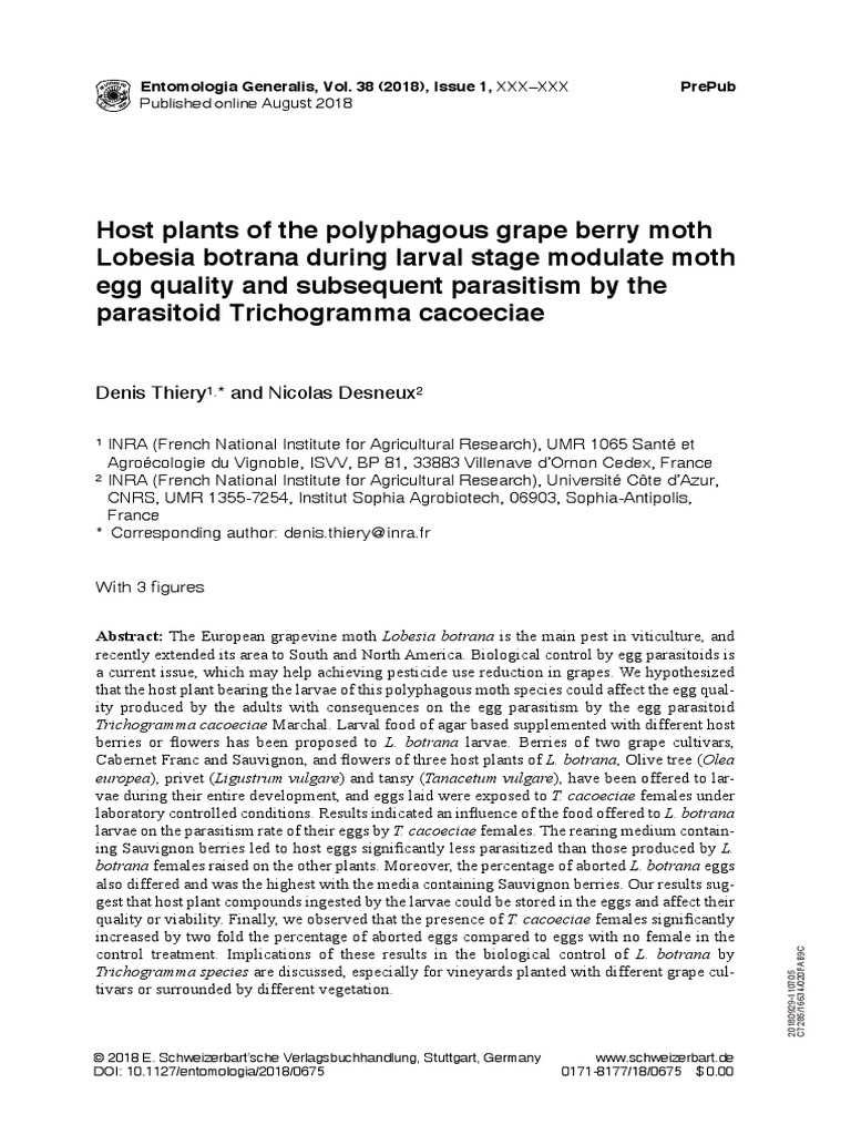 Entomologia Host Plants of The Polyphagous Grape Berry Moth Lobesia Botrana During Larval Stage ...