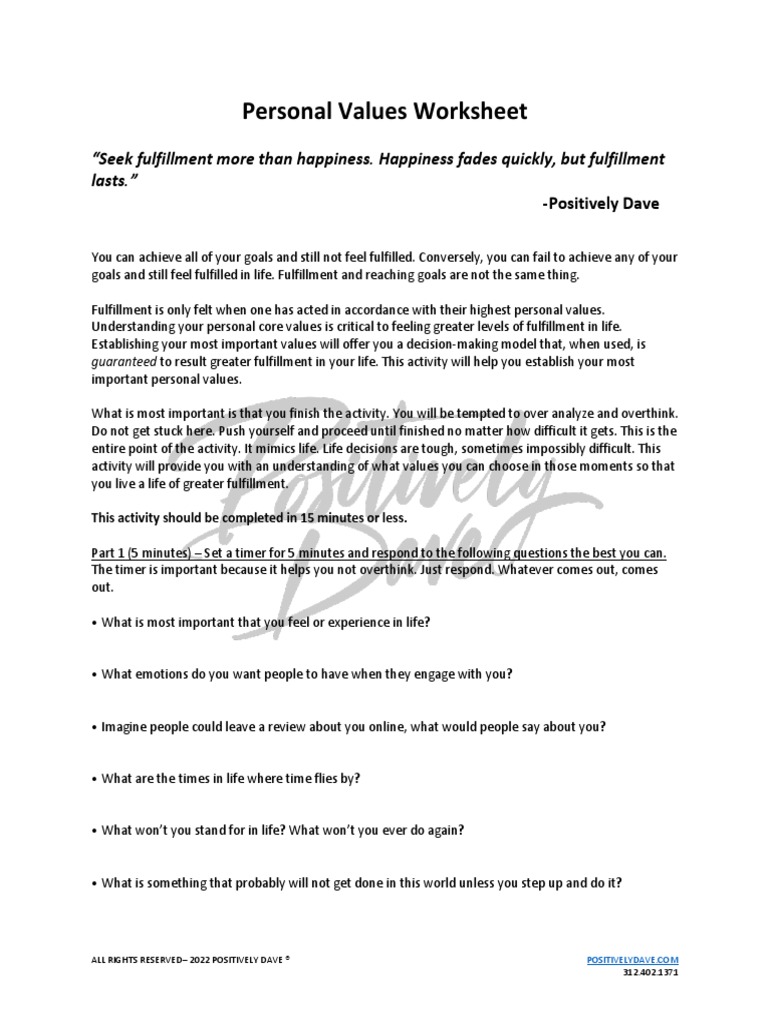 Chapter 2 - Core Values Activity | PDF | Goal | Happiness Chapter 2 - Core Values Activity | PDF | Goal | Happiness