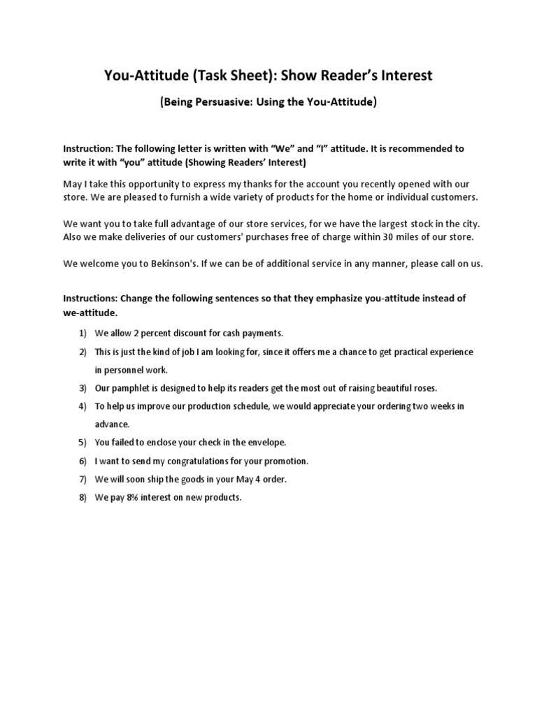 You Attitude Task Sheet | PDF