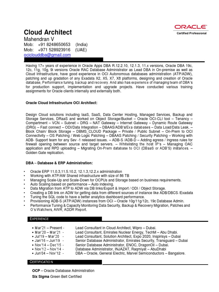Oracle Apps DBA / Oracle Cloud Infrastructure Admin Resume | PDF Oracle Apps DBA / Oracle Cloud Infrastructure Admin Resume | PDF