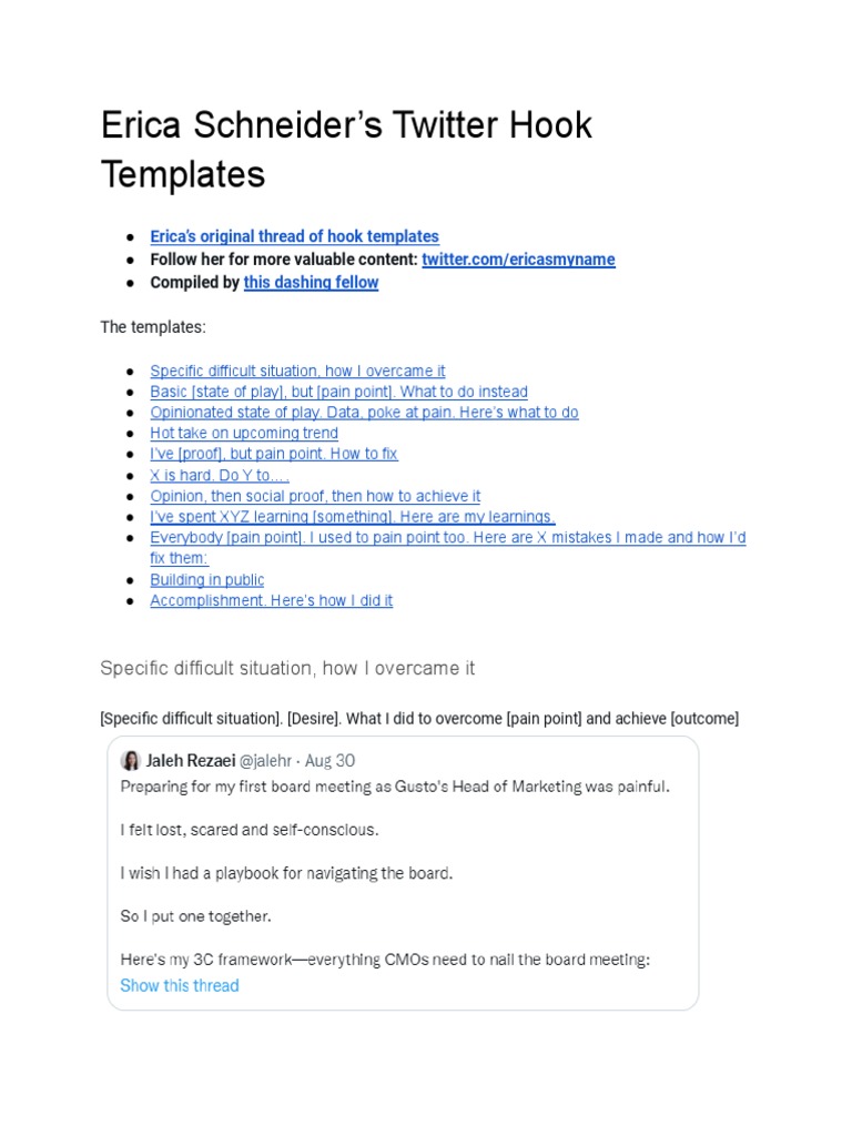 Big List of Erica Schneider's Hook Templates | PDF | Cognition ...