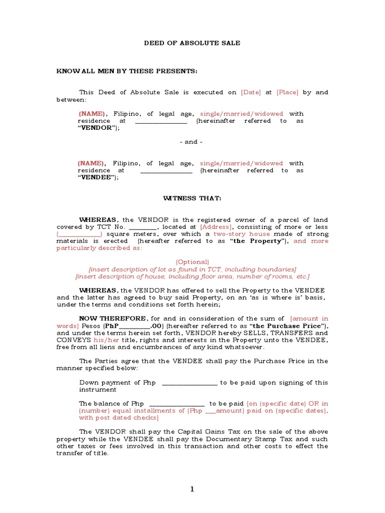 Deed of Absolute Sale House and Lot | PDF | Taxes | Deed