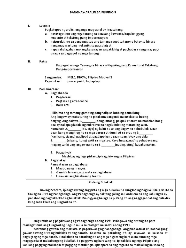 Banghay-Aralin Sa Filipino 5 | PDF
