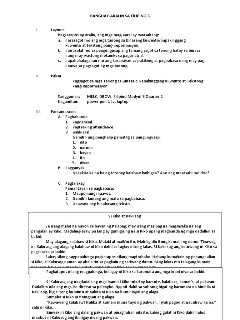 Banghay-Aralin Sa Filipino 5 | PDF