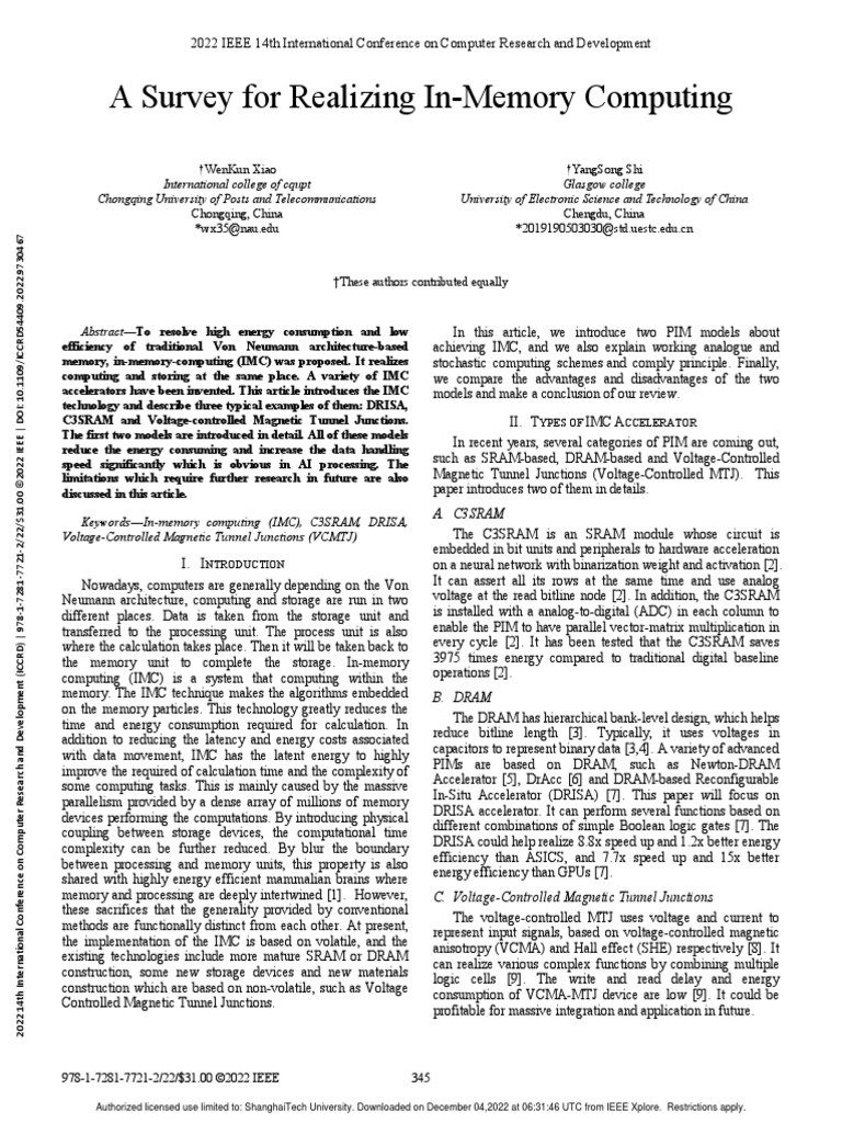 A Survey For Realizing In-Memory Computing | PDF | Dynamic Random Access Memory | Computer Memory