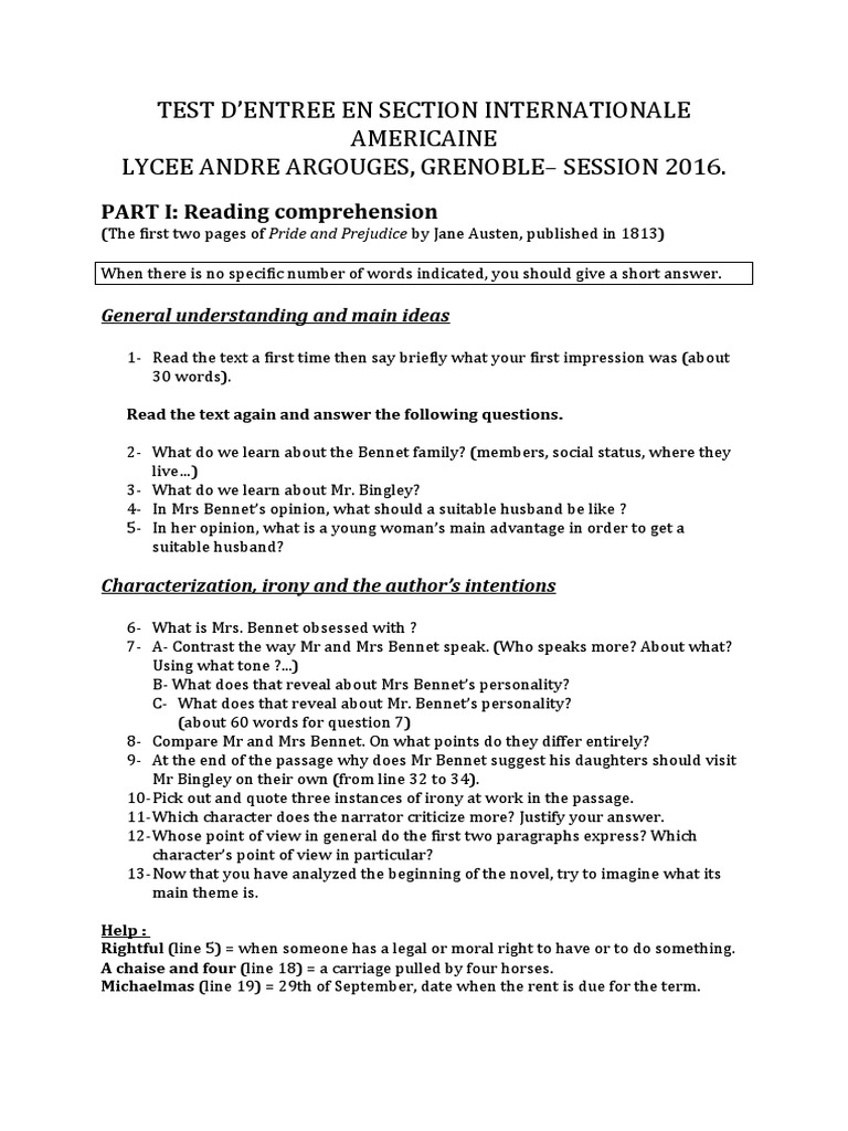 TEST D'ENTREE 2016 EN SECTION INTERNATIONALE AMERICAINE 2016 Version ...