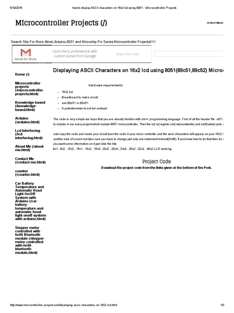 How to Display ASCII Characters on 16x2 Lcd Using 8051 - MIcrocontroller Projects | PDF ...