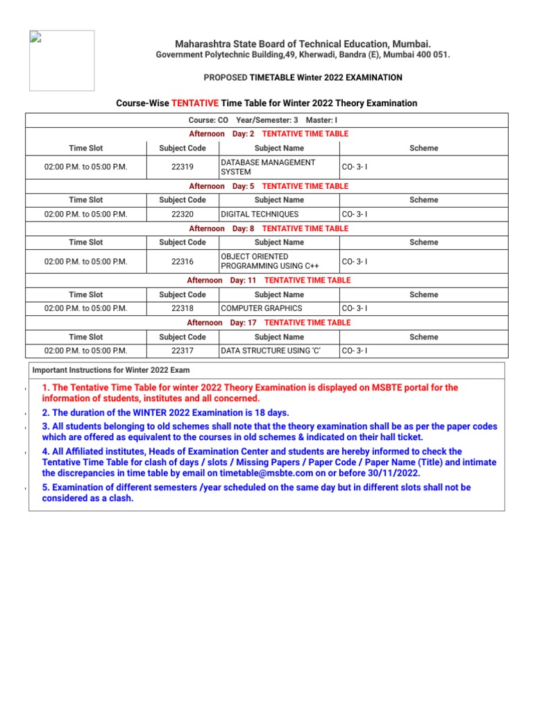 Time Table For Winter 2022 Theory Examination | PDF | Information Age | Computing