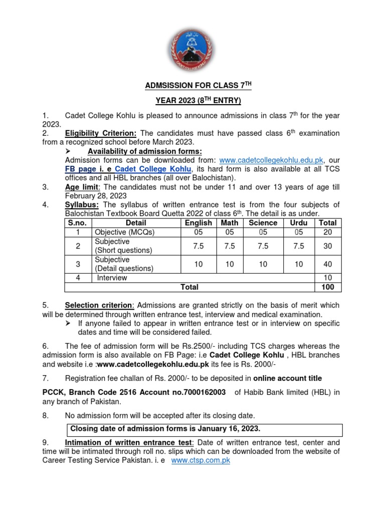 Admsission For Class 7TH | PDF | University And College Admission