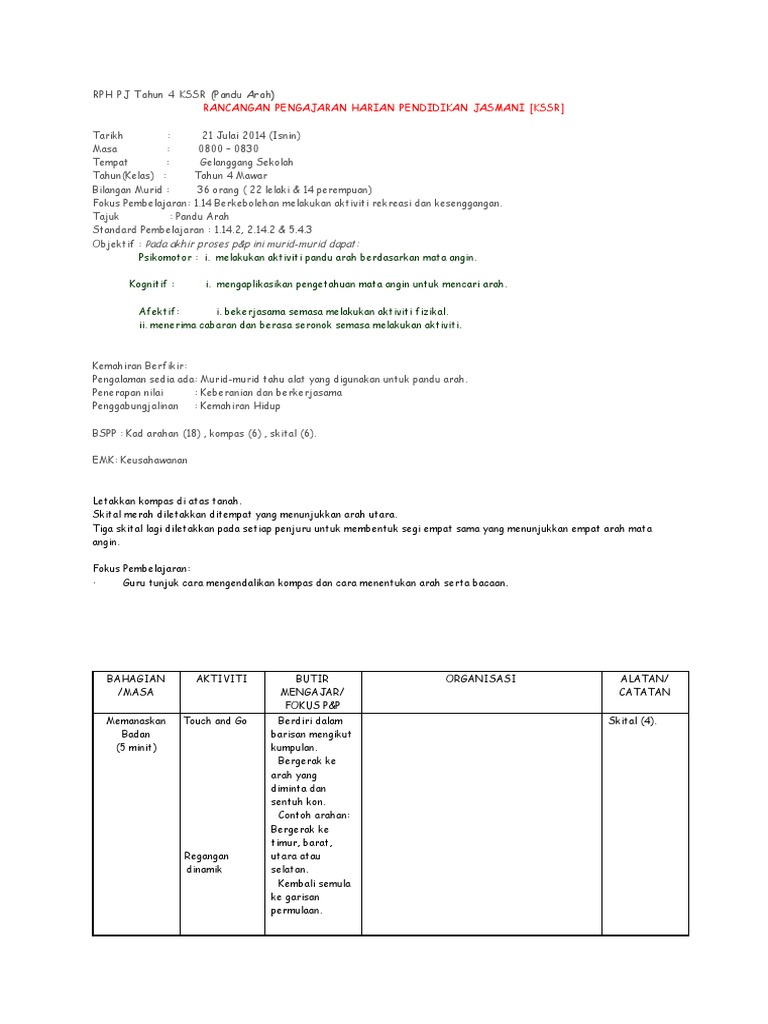 RPH PJ T4 2012 Pandu Arah | PDF