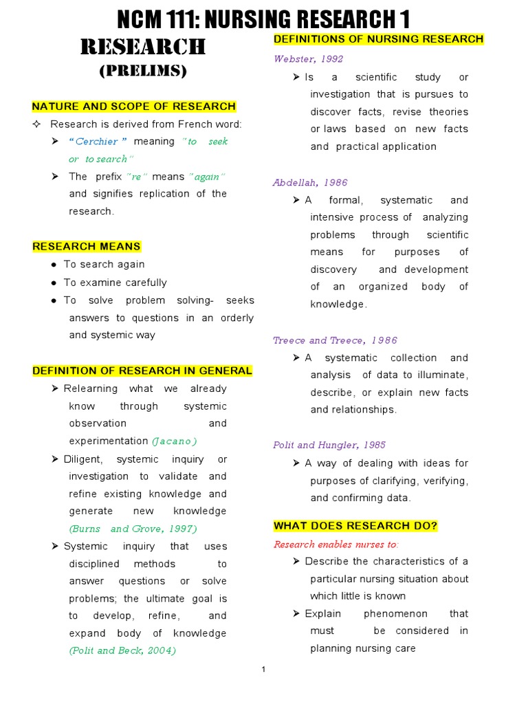 NCM 111 Nursing Research Reviewer Prelims | PDF | Nursing | Experiment