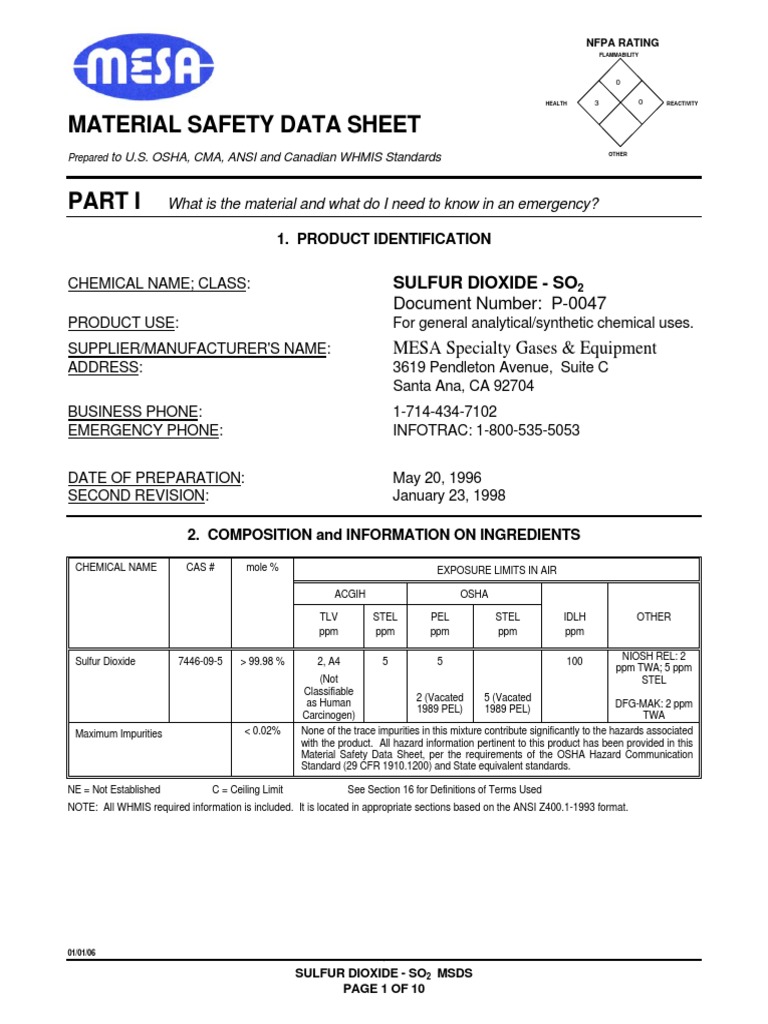MSDS-Sulfur Dioxide | PDF | Dangerous Goods | Toxicity