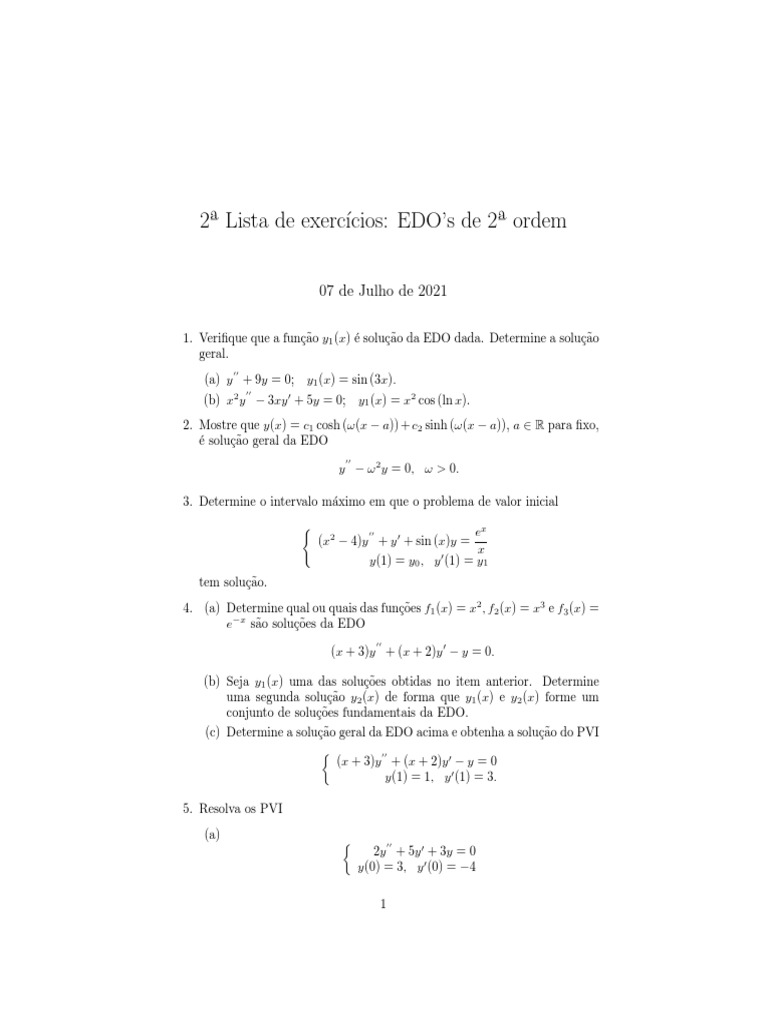 Lista EDO de Segunda Ordem | PDF | Matemática | Conceitos matemáticos