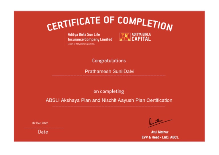 ABSLI Akshaya Plan and Nischit Aayush Plan Certification | PDF
