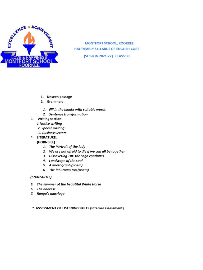 Half Yearly Syllabus, English Core, Class 11 | PDF