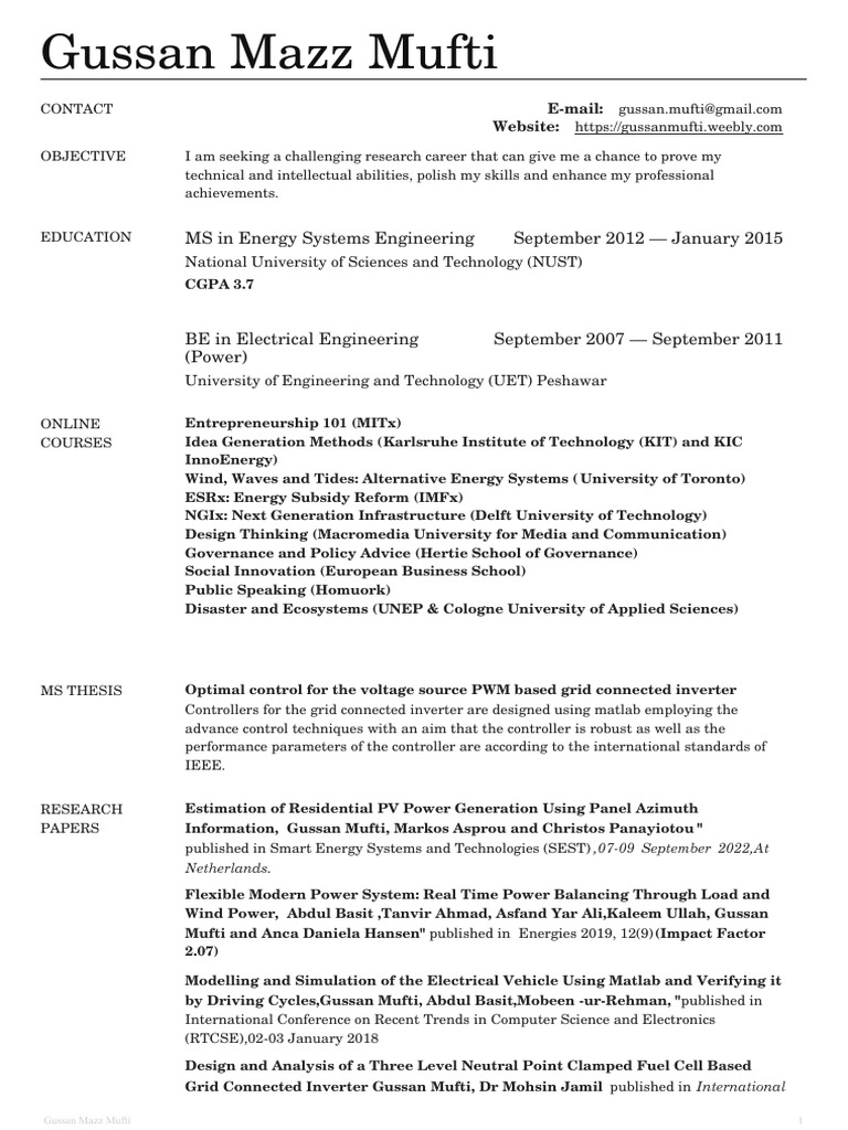 CV Weebly | PDF | Electrical Grid | Power Inverter