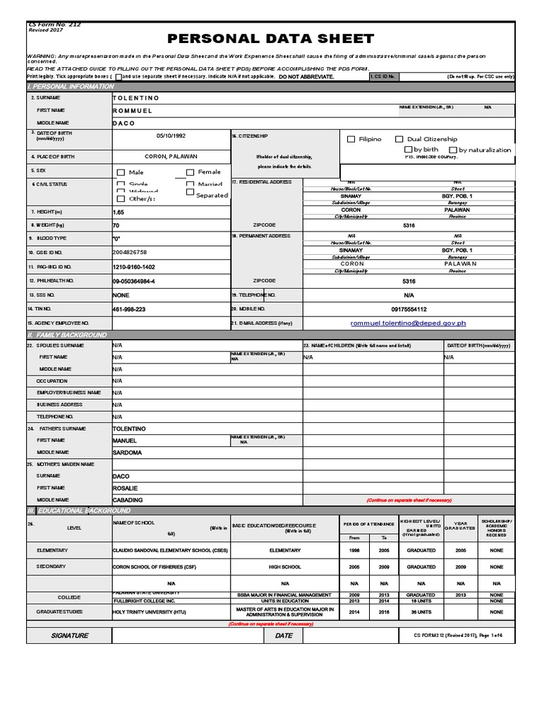 Personal Data Sheet | PDF