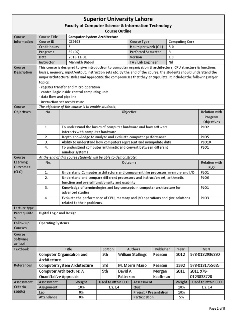 Computer System Architecture (CS, IT, SE) - OBE | PDF