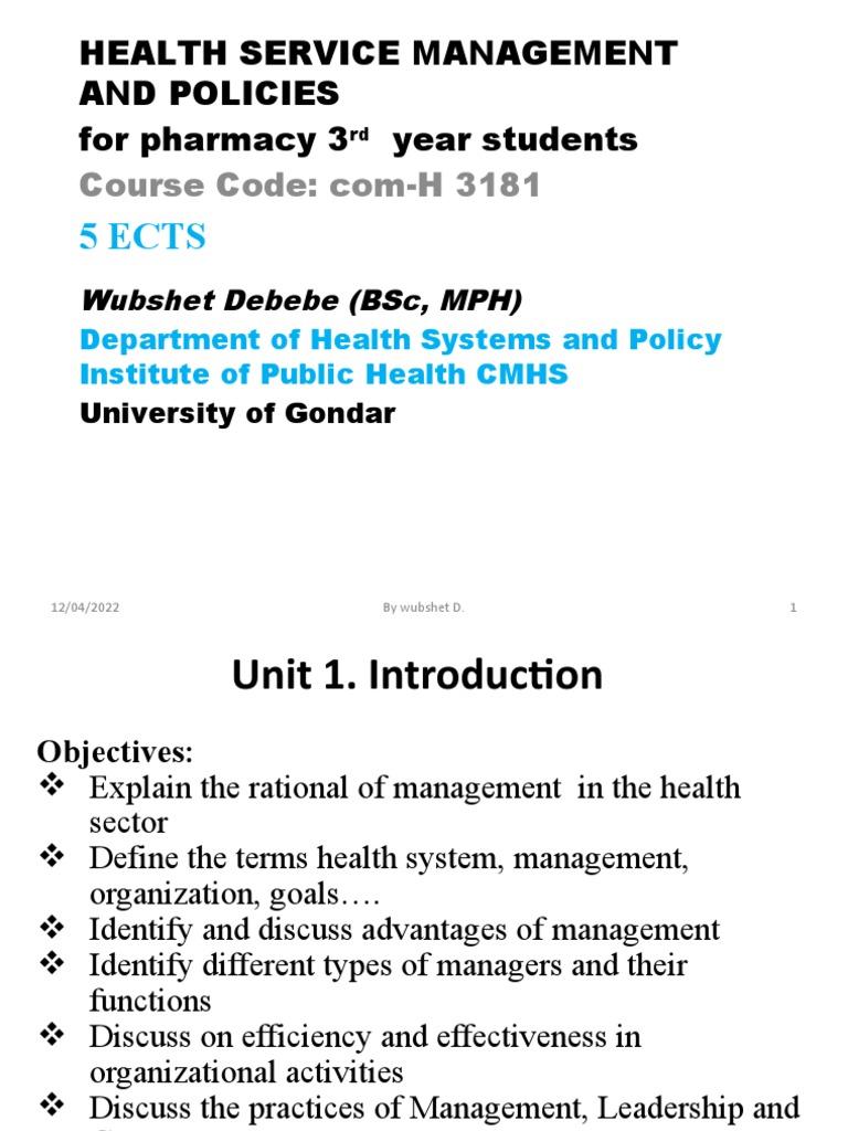 Unit 1 Introduction HSM | PDF | Goal | Health Care