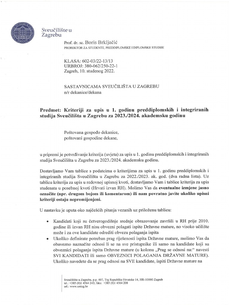 Dopis - Kriteriji Za Upis | PDF