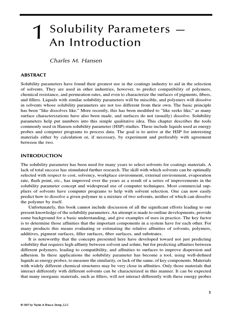 Chapter 1 Solubility Parameters - An Introduction | PDF | Solubility ...