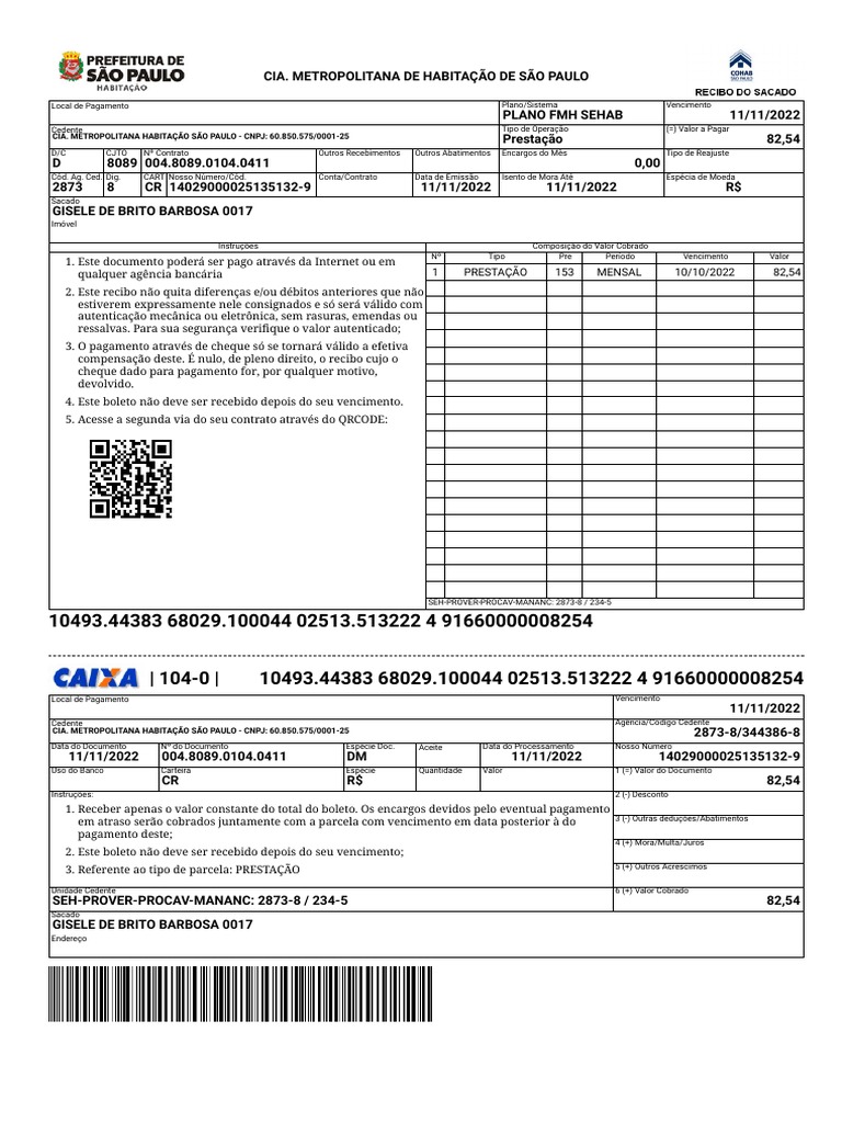 Recibo Do Sacado - CIA. Metropolitana de Habitação de São Paulo | PDF ...