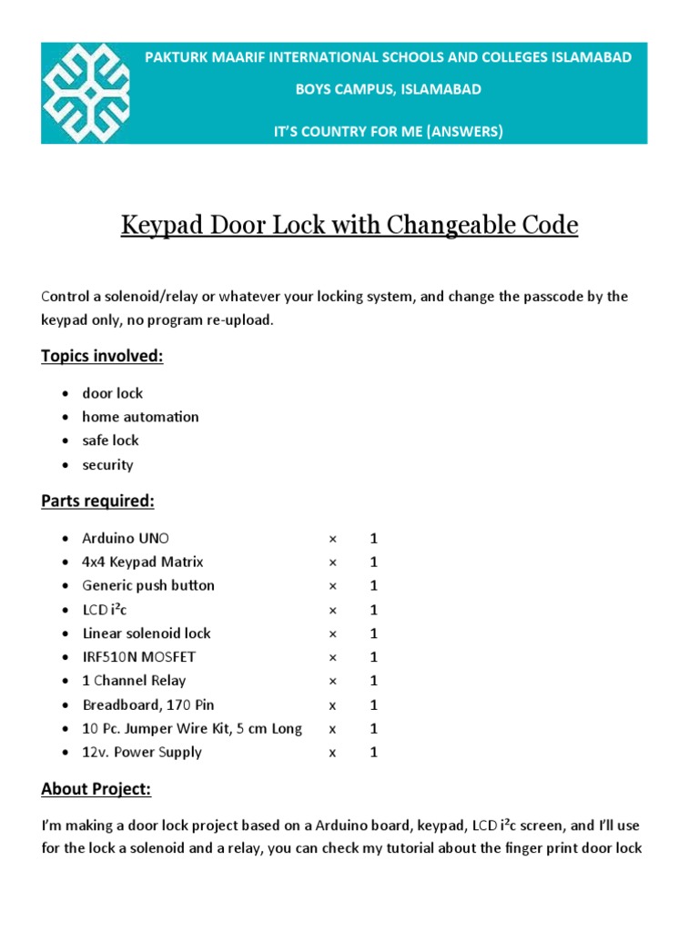 Keypad Door Lock With Changeable Code | PDF