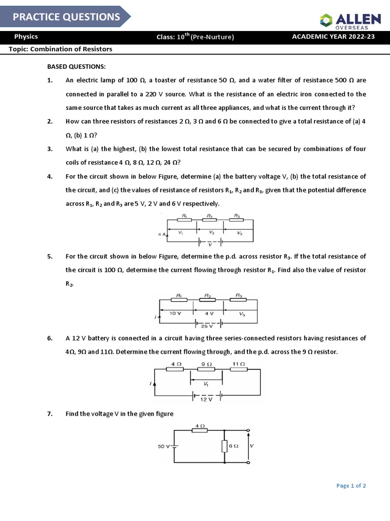 Class 10 Resistance Practice Questions | PDF | Resistor | Series And Parallel Circuits