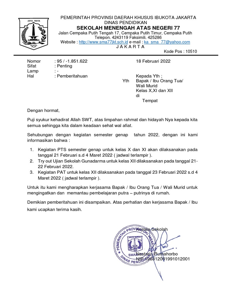 Surat Pemberitahuan Pts-Pat 2022 | PDF
