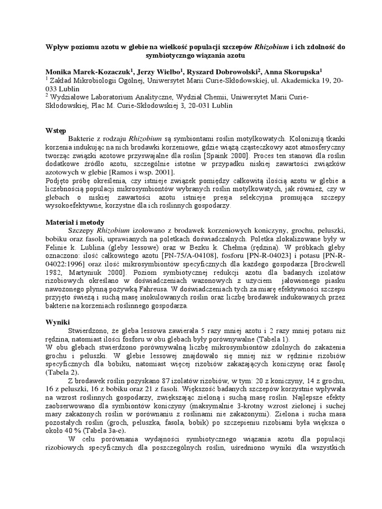 Wpływ Poziomu Azotu W Glebie Na Wielkość Populacji Szczepów Rhizobium I ...
