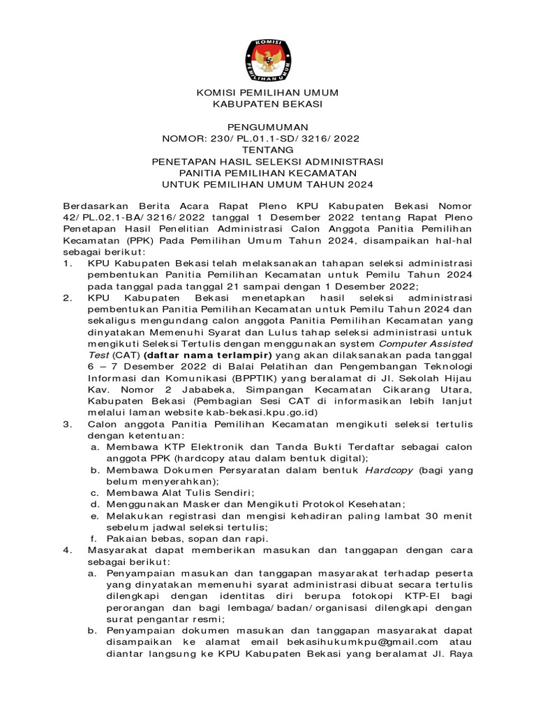 Pengumuman & Lampiran Seleksi Administrasi PPK | PDF