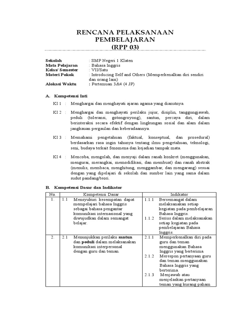 RPP 3 - Introducing Self and Others (FIX) | PDF
