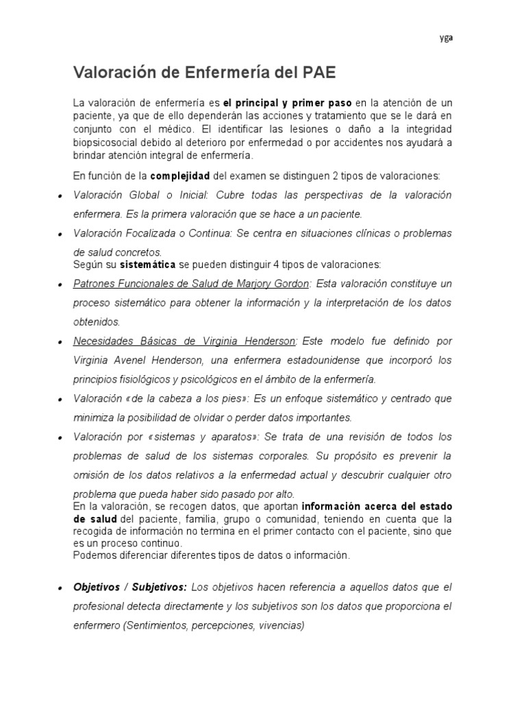 Valoración de Enfermería Del PAE | PDF | Enfermería | Examen físico