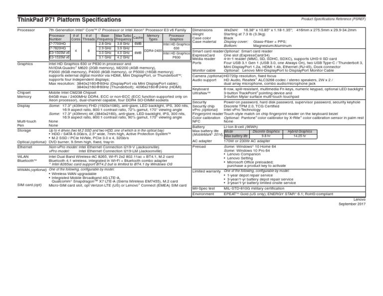 ThinkPad P71 Platform Specifications | PDF | Electronics | Manufactured ...