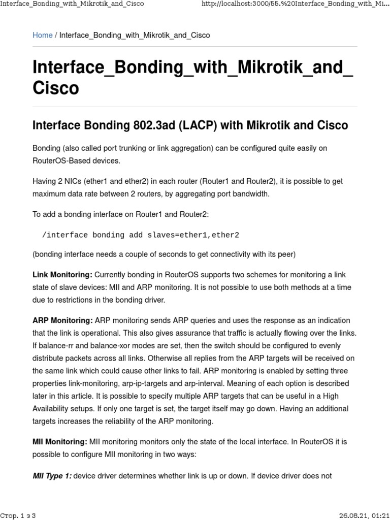 Mikrotik and Cisco Interface Bonding Guide | PDF | Router (Computing ...