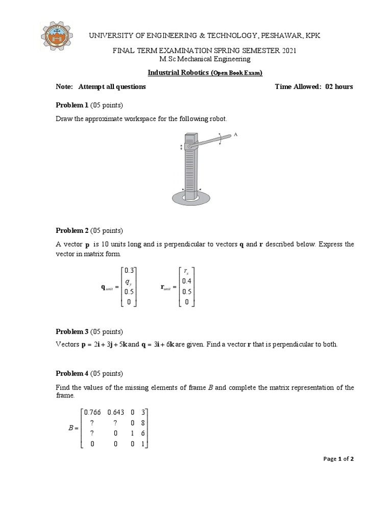 Robotics Final Exam Spring 2021 | PDF