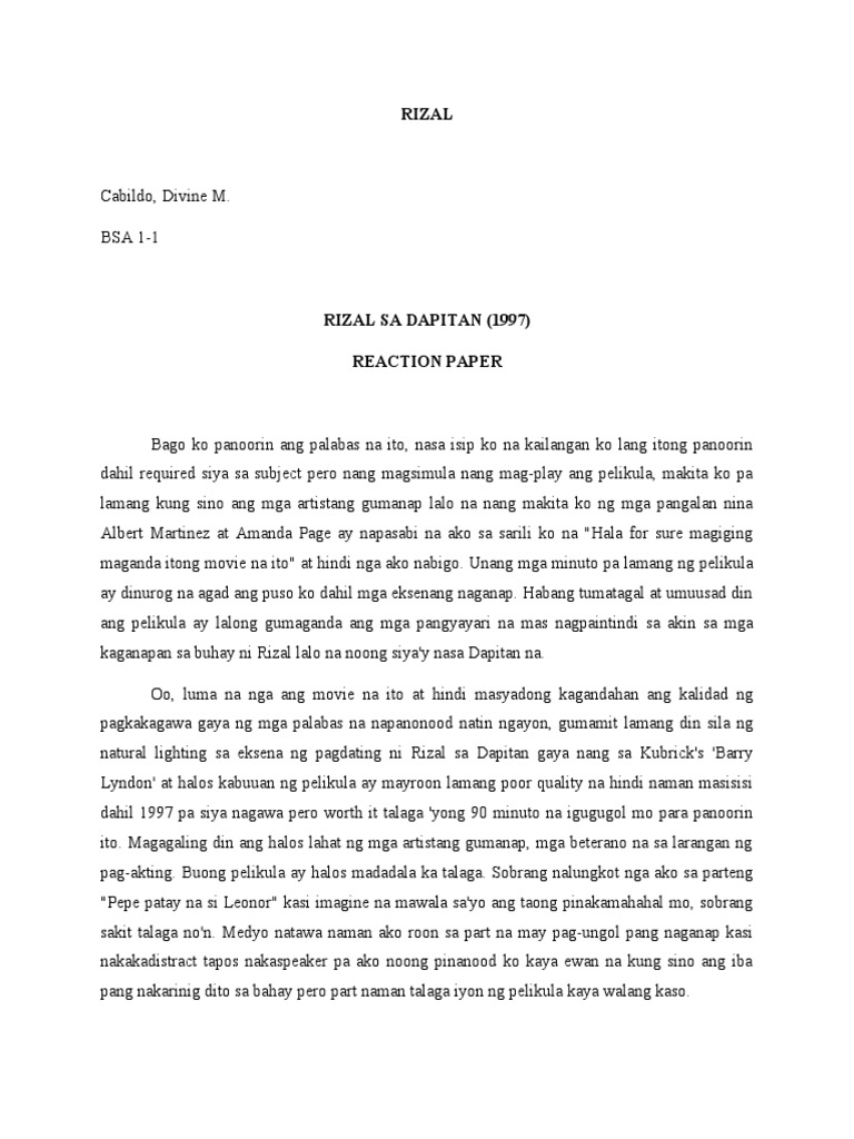 Rizal Sa Dapitan (1997) Reaction Paper | PDF Rizal Sa Dapitan (1997) Reaction Paper | PDF