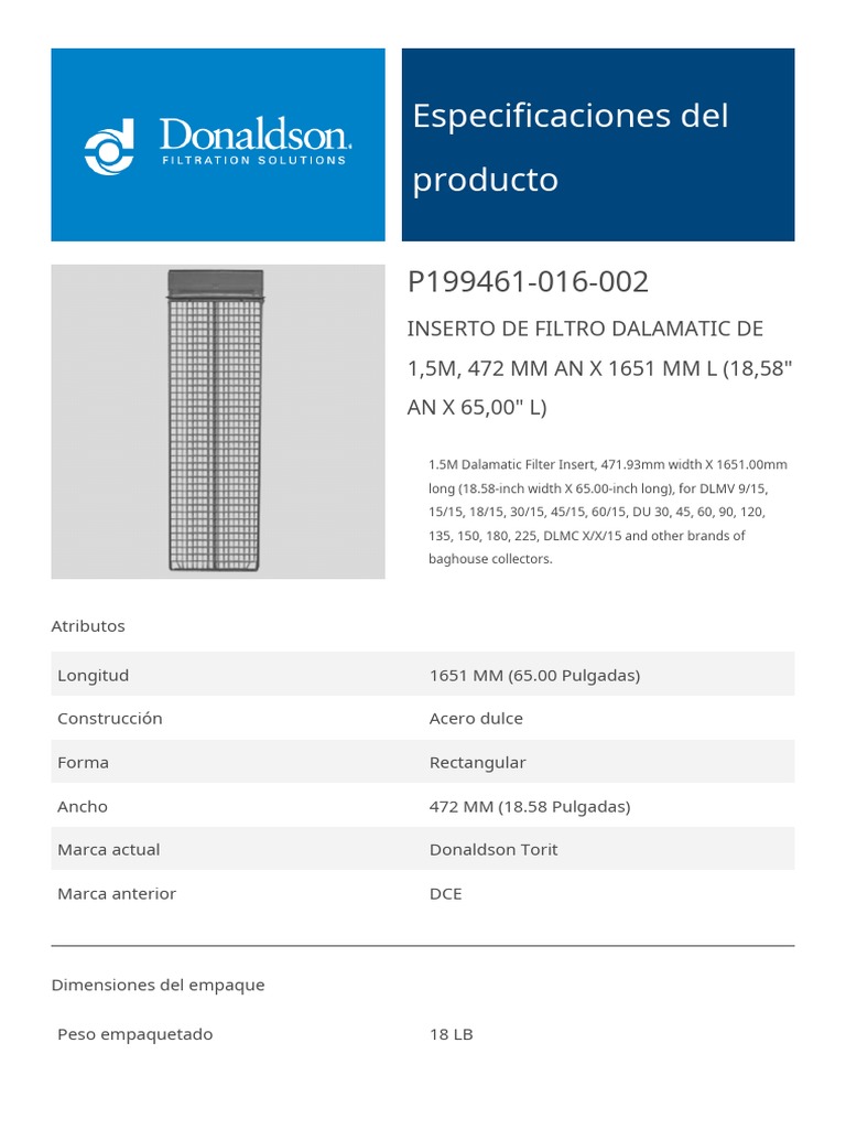 Especificaciones Del Producto: Inserto de Filtro Dalamatic de 1,5M, 472 ...
