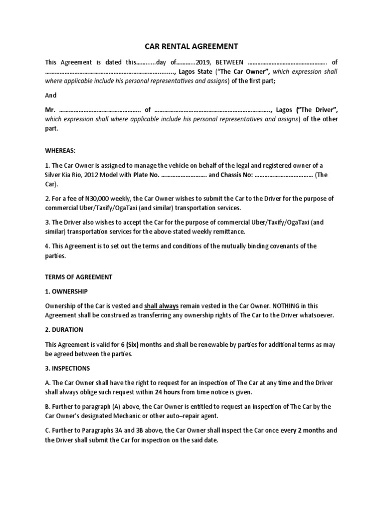 Car Rental Agreement Uber Template | Download Free PDF | Indemnity ...
