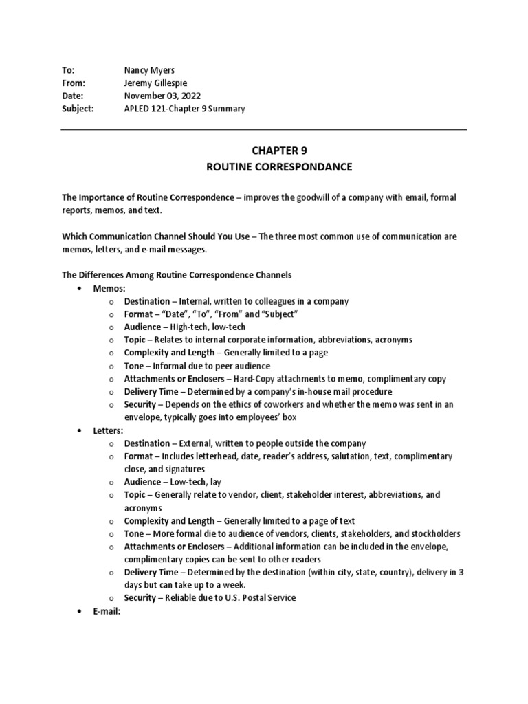 Chapter 9 Summary | PDF | Memorandum | Communication